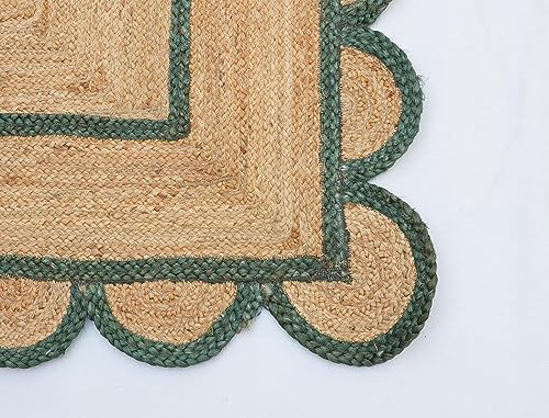 The Weaver House Natural Scalloped Jute Area Rug Bohemian Scallop Boho Decor Area Handwoven Custom Rugs Decorative Rug Reversible Braided Rugs (BD6-6x9-GRN)