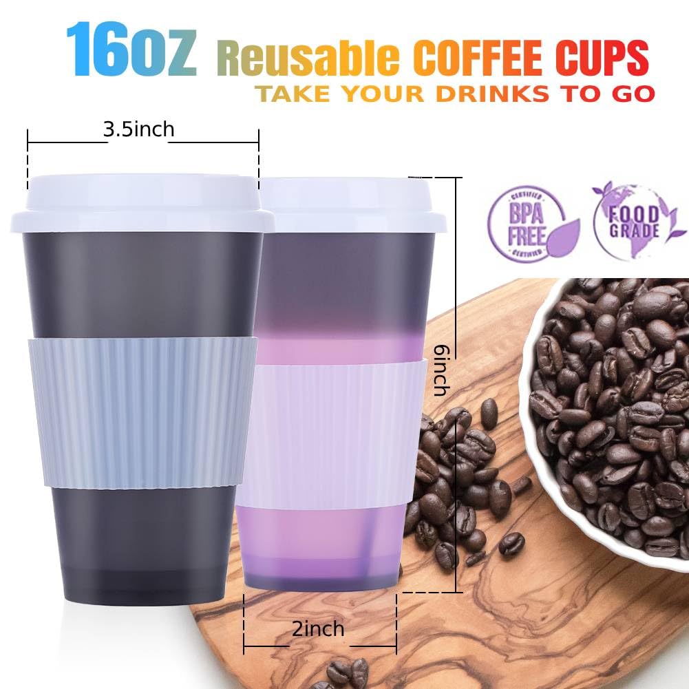 Chordobe Color Changing Reusable Hot Cups 5 Pack 16 oz Bulk Plastic TO-GO Coffee Cups with Lids - Travel Tumblers for Kids and Audlts (Hot Color Changing Cups)