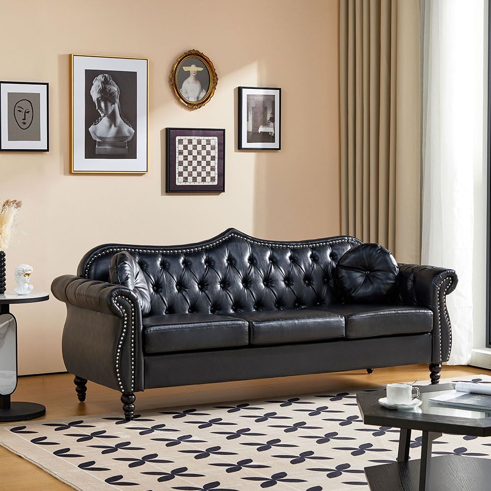 Modern PU Tufted Couch 3 Seater with Rolled Arms and Nailhead, Deep Button Nailhead Tufted Black Upholstered Couches, Roll Arm Classic Tufted Chesterfield Settee Leather Sofa for Living Room (Black)