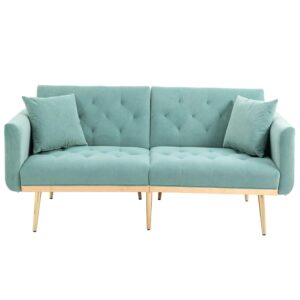 Convertible Futon Sofa Bed, 65 Inch Modern Velvet Tufted Upholstered Accent Loveseat Sofa with 2 Pillows and Adjustable Backrest Folding Sleeper Sofa Bed with Metal Legs for Living Room, Mint Green