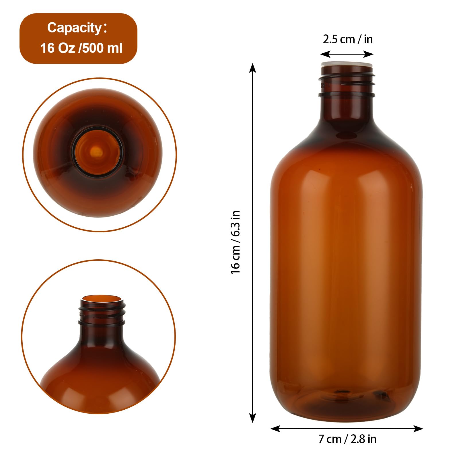 QTLCOHD 8 Pack Amber Bottles 16 Oz Plastic Boston Round Sample Bottles with Black Poly Cone Caps and Labels for Liquid