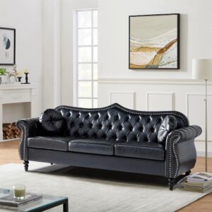 Modern PU Tufted Couch 3 Seater with Rolled Arms and Nailhead, Deep Button Nailhead Tufted Black Upholstered Couches, Roll Arm Classic Tufted Chesterfield Settee Leather Sofa for Living Room (Black)