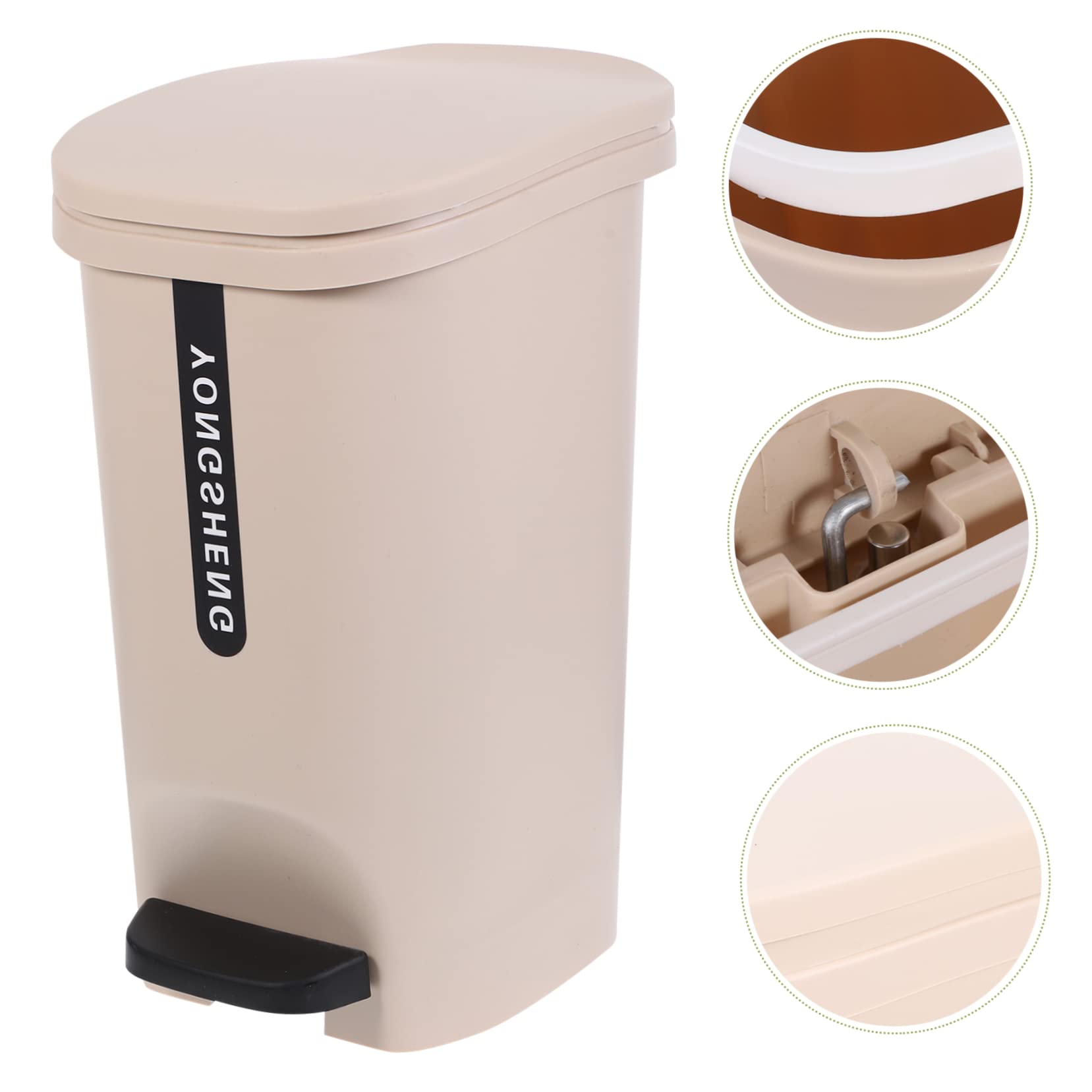 OKUMEYR 10L Plastic Trash Can with Lid, 13 Gallon Capacity, Khaki Color, for Office, Kitchen, Bathroom, Outdoor Use