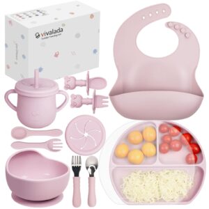 vivalada silicone baby feeding set - 12pcs baby led weaning supplies, baby suction plate with lid and bowl set, baby self feeding spoons forks sippy cup and bib, baby eating set 6+ months (pink)