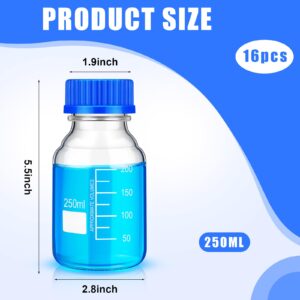 Chuarry 16 Pieces Media Storage Bottles Borosilicate Storage Glass Bottle Scientific Round Graduated Media Bottle with Blue Gl45 Screw Cap for Lab Water Reagent Liquids (250 ml)