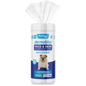 vetnique dermabliss dog face wipes - medicated chlorhexidine wipes for dogs with wrinkles, french bulldog, english bulldog dog grooming wipes cleaning & deodorizing dog wipes 60ct