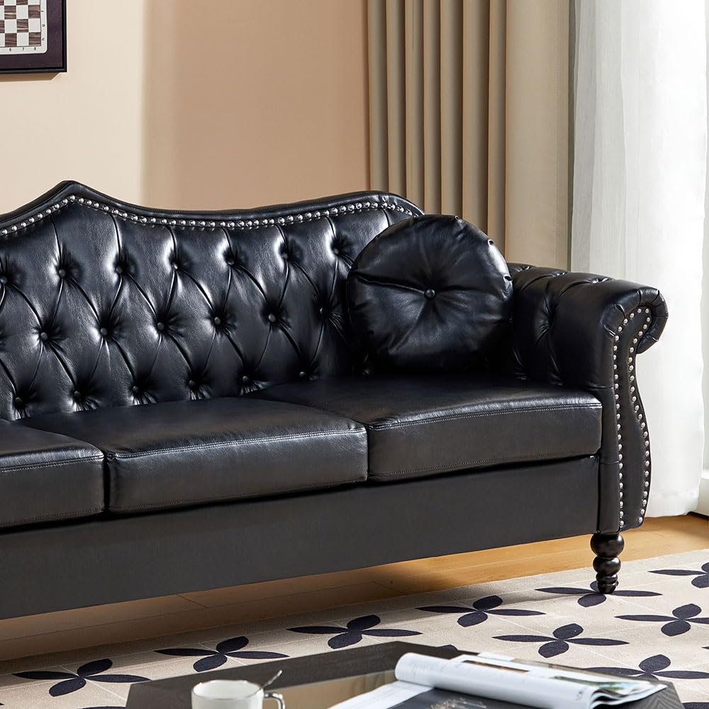 Modern PU Tufted Couch 3 Seater with Rolled Arms and Nailhead, Deep Button Nailhead Tufted Black Upholstered Couches, Roll Arm Classic Tufted Chesterfield Settee Leather Sofa for Living Room (Black)