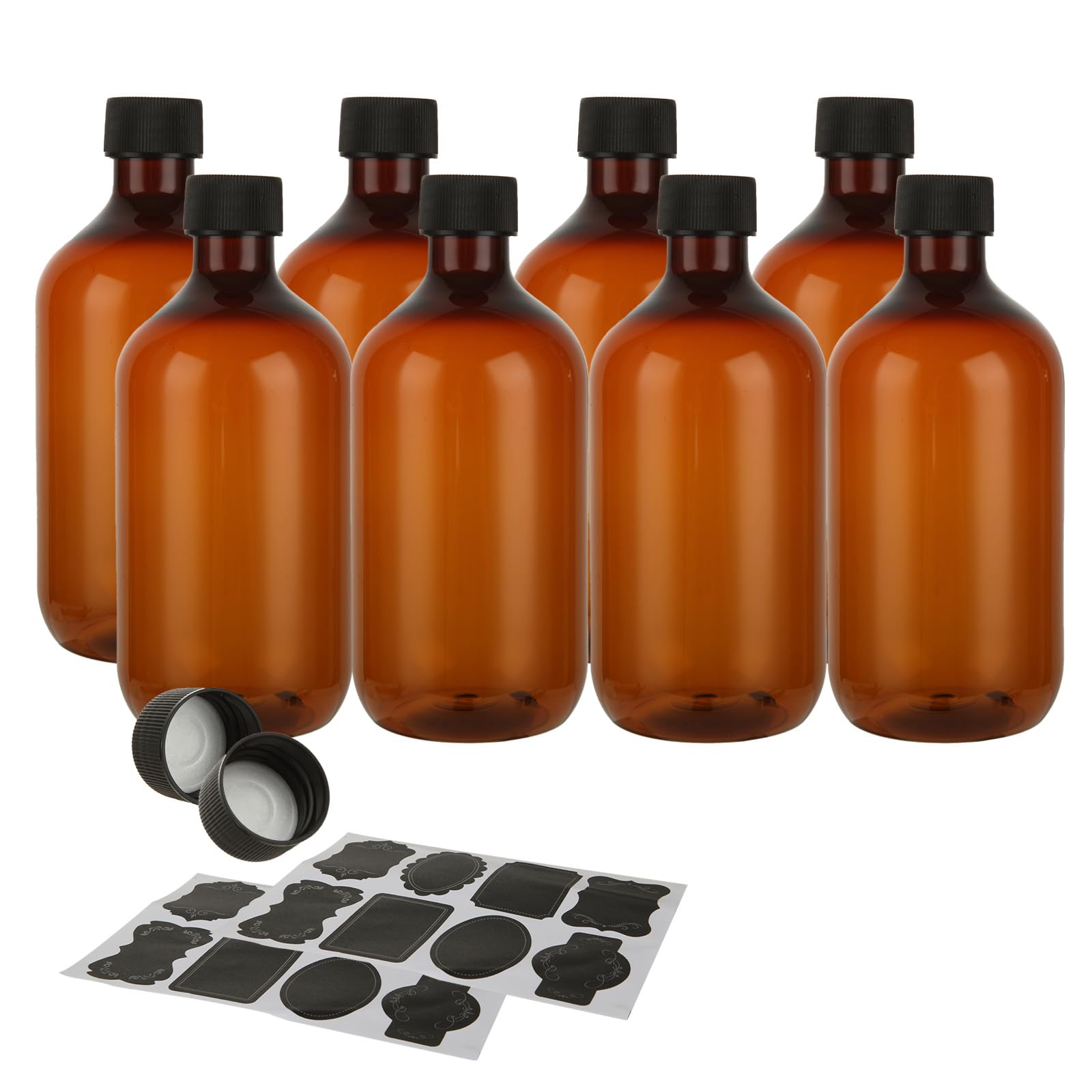 QTLCOHD 8 Pack Amber Bottles 16 Oz Plastic Boston Round Sample Bottles with Black Poly Cone Caps and Labels for Liquid