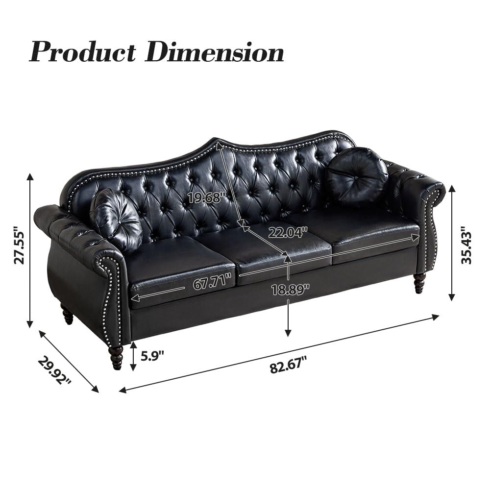 Modern PU Tufted Couch 3 Seater with Rolled Arms and Nailhead, Deep Button Nailhead Tufted Black Upholstered Couches, Roll Arm Classic Tufted Chesterfield Settee Leather Sofa for Living Room (Black)