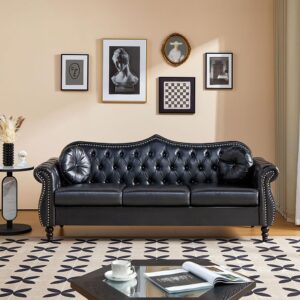 modern pu tufted couch 3 seater with rolled arms and nailhead, deep button nailhead tufted black upholstered couches, roll arm classic tufted chesterfield settee leather sofa for living room (black)