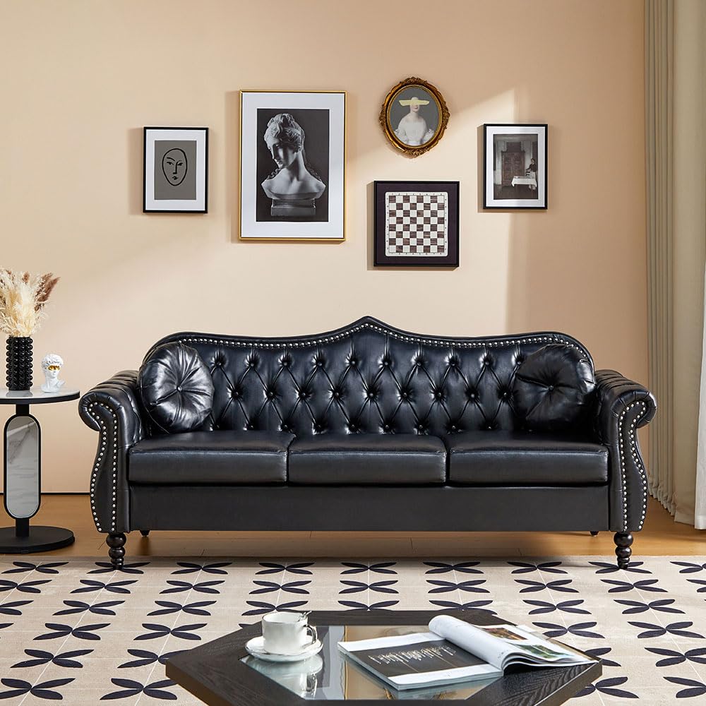 Modern PU Tufted Couch 3 Seater with Rolled Arms and Nailhead, Deep Button Nailhead Tufted Black Upholstered Couches, Roll Arm Classic Tufted Chesterfield Settee Leather Sofa for Living Room (Black)