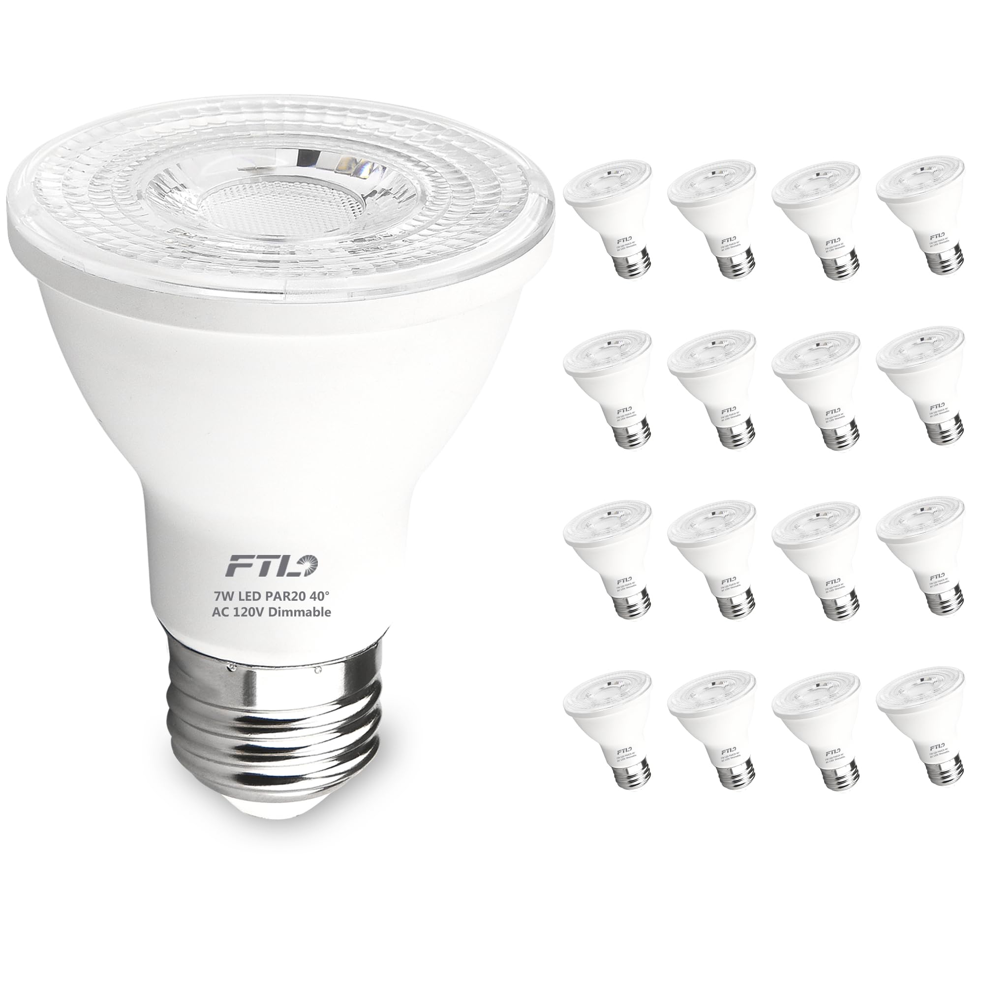 FTL 20-Pack PAR20 Led Bulbs 3000K, 7W 600LM Dimmable Warm White 50W 60W Equivalent, Flood Light Bulb Indoor Outdoor, E26 Spotlight for Recessed Lighting