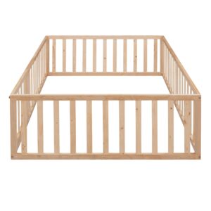 Full Size Floor Bed with Safety Fence and Door and Slats，Wood Montessori Floor Bed for Kids，No Box Spring Needed,for Boys Girls,(Natural)