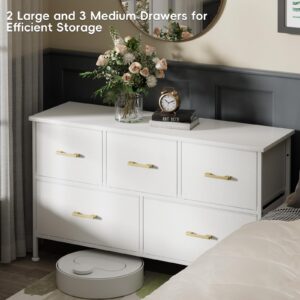 YILQQPER Bedroom 5 Drawer Dresser, White Dresser with Fabric Drawer, Drawer Cabinet PU Finish, Metal Handle, Closet Kids Room, TV Stand up to 43 inches, White (White, 5 Drawers)