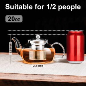 PARACITY Glass Teapot Stovetop 20 OZ/600ml, Tea pot with Removable 18/8 Stainless Steel Infuser, Borosilicate Clear Tea Kettle, Teapot Blooming and Loose Leaf Tea Maker Tea Brewer for Camping, Travel