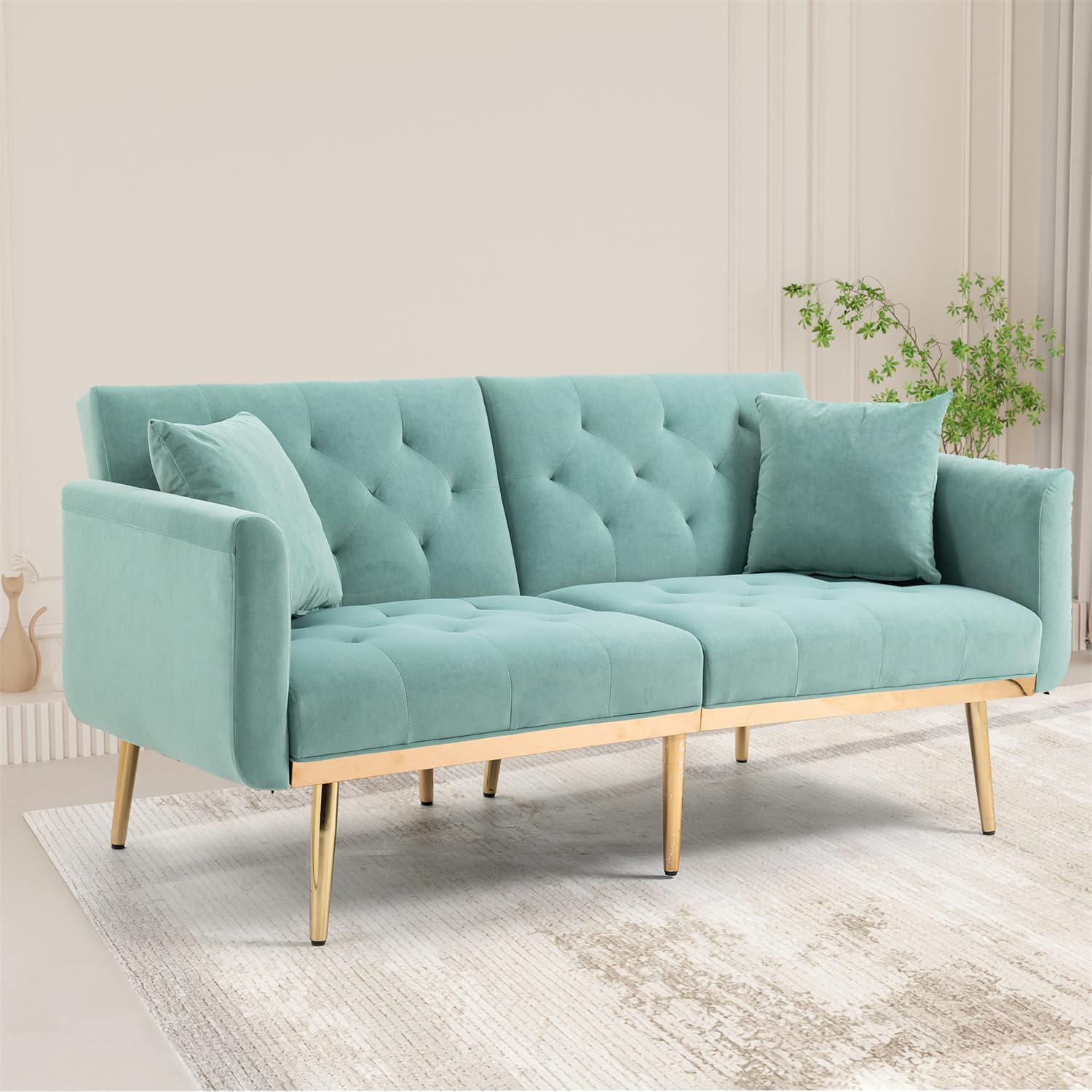 Convertible Futon Sofa Bed, 65 Inch Modern Velvet Tufted Upholstered Accent Loveseat Sofa with 2 Pillows and Adjustable Backrest Folding Sleeper Sofa Bed with Metal Legs for Living Room, Mint Green