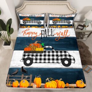 fall queen size fitted sheet pumpkin bed sheet set for kids boys girls women men thanksgiving decorations black white plaid bedding set autumn harvest car bedding sheets grey blue bedroom decor 3pcs