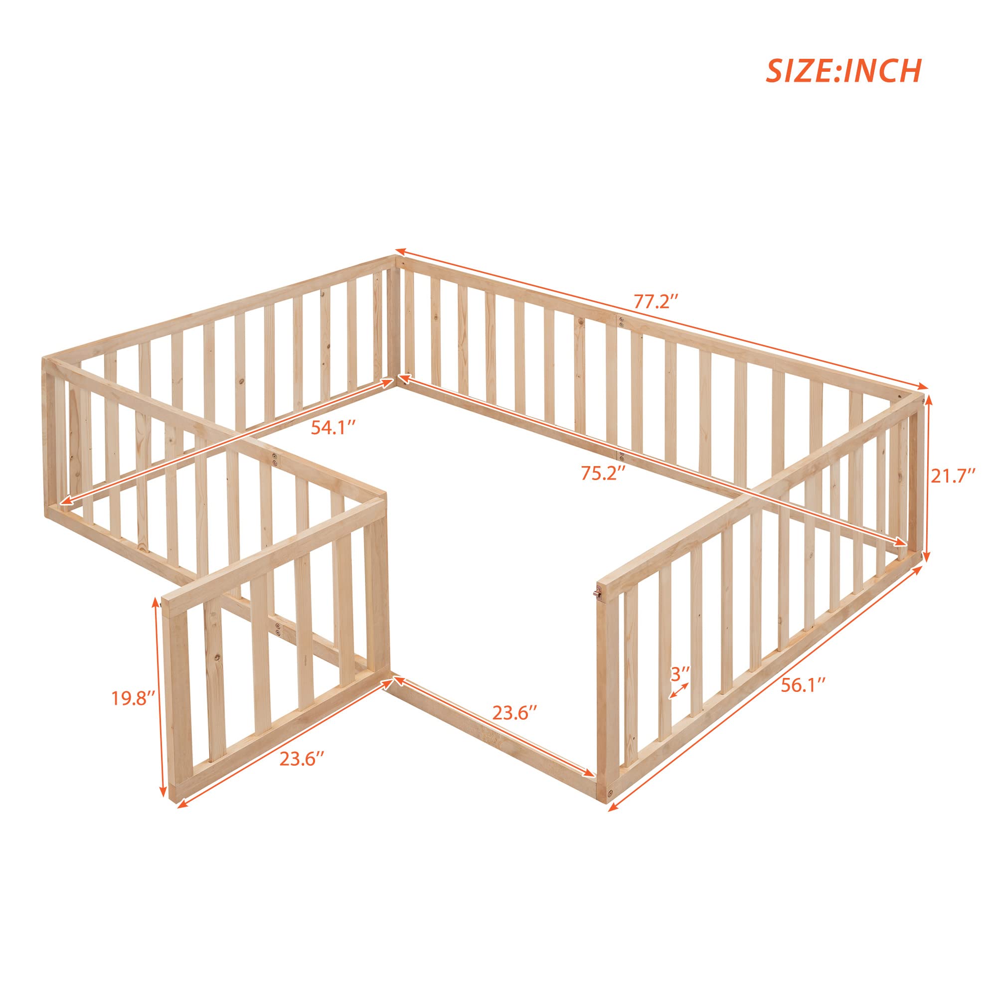 Full Size Floor Bed with Safety Fence and Door and Slats，Wood Montessori Floor Bed for Kids，No Box Spring Needed,for Boys Girls,(Natural)