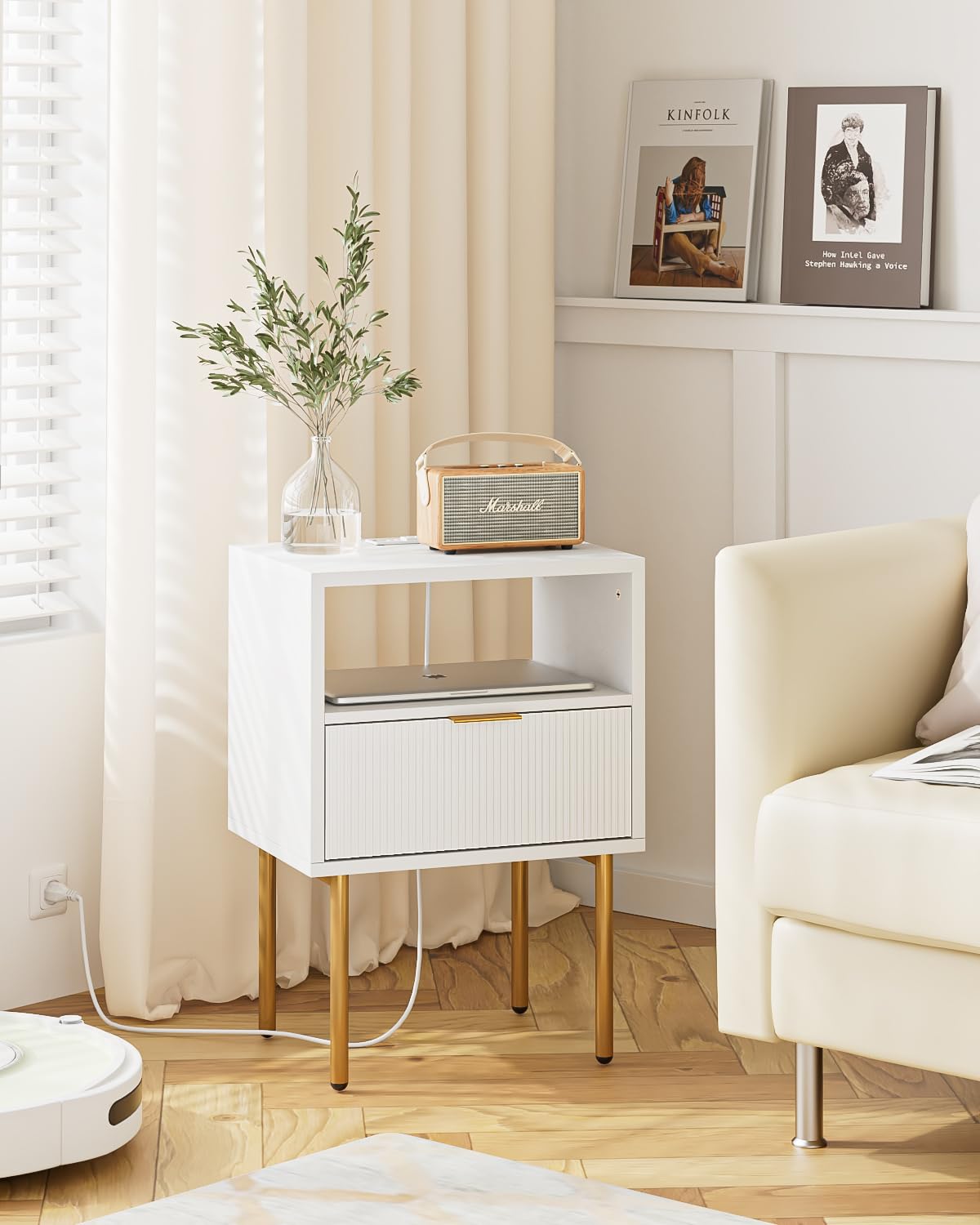 AEPOALUA Nightstand with Charging Station,Small Bedside Table with Gold Frame,White Night Stand,Bedside Furniture,Side Table with Drawer and Shelf for Bedroom,Living Room,Stripe