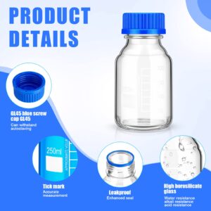 Chuarry 16 Pieces Media Storage Bottles Borosilicate Storage Glass Bottle Scientific Round Graduated Media Bottle with Blue Gl45 Screw Cap for Lab Water Reagent Liquids (250 ml)