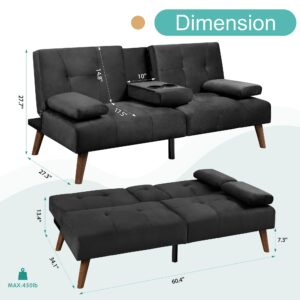 Meilocar Futon Sofa Bed Velvet, 60" Loveseat Futon Sofa Bed with Removable Armrests, Adjustable Recliner Guest Bed Daybed Sofa for Small Space with Cup Holders, 3 Angles, Black