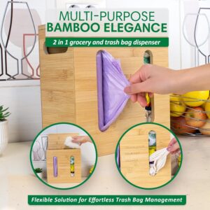 Trash Bag Dispenser Roll Holder 13 Gallon, Trash Bag Holder for Kitchen, Garbage Bag Storage Dispenser, Trash Bag Organizer Under Sink, Wall Mount Bamboo Garbage Bag Organizer (2 in 1)