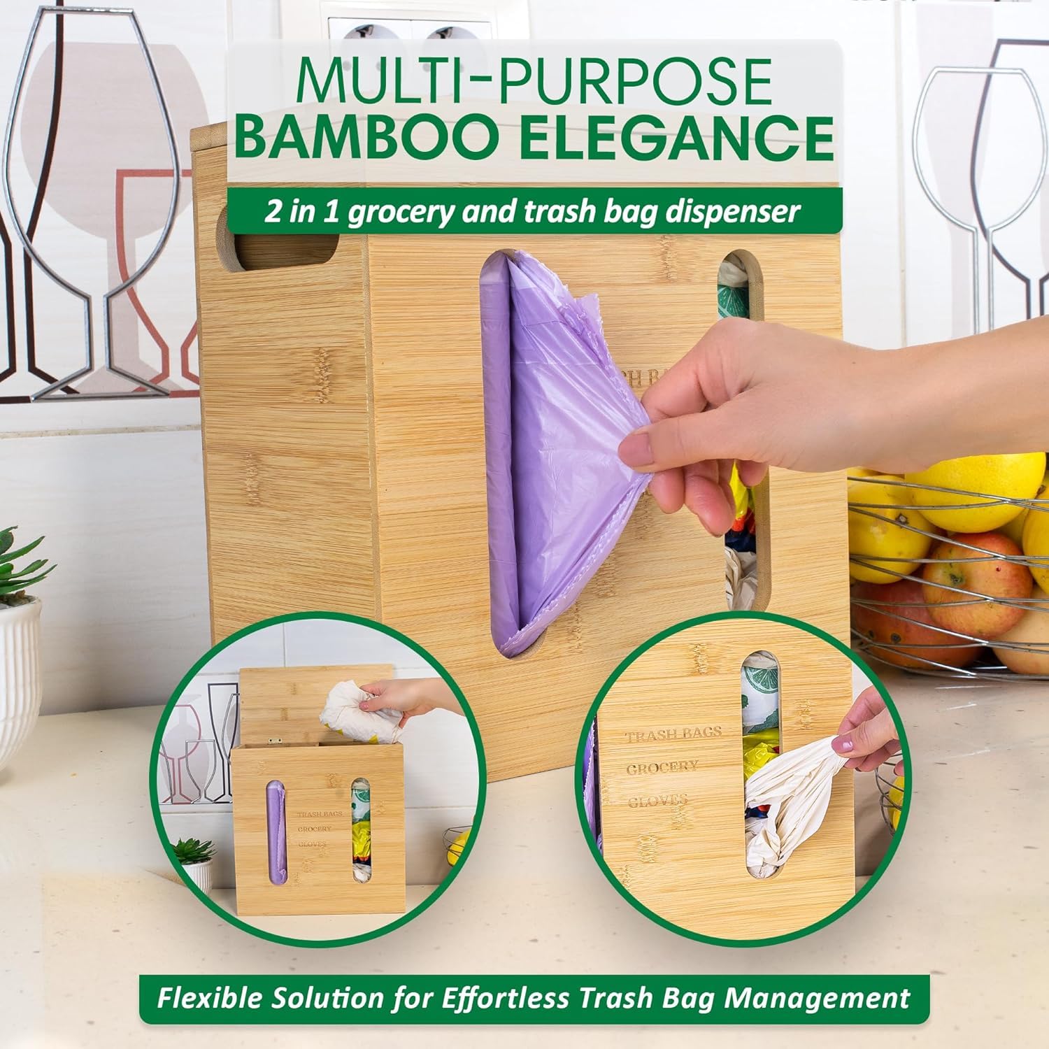 Trash Bag Dispenser Roll Holder 13 Gallon, Trash Bag Holder for Kitchen, Garbage Bag Storage Dispenser, Trash Bag Organizer Under Sink, Wall Mount Bamboo Garbage Bag Organizer (2 in 1)