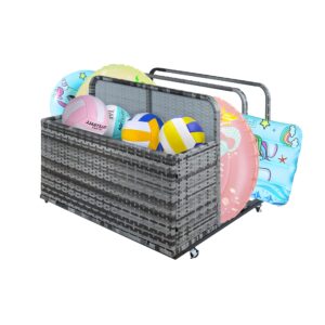 GAOMON Double Layer Poolside Float Storage,Outdoor Storage,Patio PE Rattan Outdoor Pool Caddy with Rolling Wheels for Floaties,Storage Basket,Poolside Float Storage,Beach-Sturdy & Movable,Grey