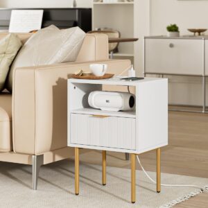 AEPOALUA Nightstand with Charging Station,Small Bedside Table with Gold Frame,White Night Stand,Bedside Furniture,Side Table with Drawer and Shelf for Bedroom,Living Room,Stripe