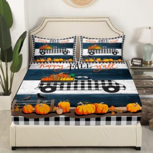 Fall Queen Size Fitted Sheet Pumpkin Bed Sheet Set for Kids Boys Girls Women Men Thanksgiving Decorations Black White Plaid Bedding Set Autumn Harvest Car Bedding Sheets Grey Blue Bedroom Decor 3Pcs