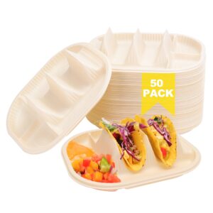 luvcosy 50 pcs small disposable taco plates for party, cornstarch taco holders with 2 dipping areas, hold for 2 tacos, square fiesta taco trays for taco night, microwave safe