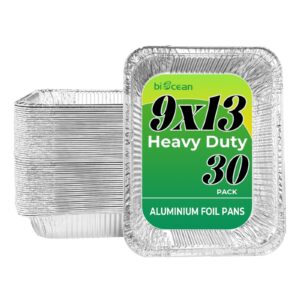 biocean aluminum pans 9x13 inch 30 pack, extra heavy duty foil pans with half size deep steam aluminum tray tin foil pans for prepping food, storing heating, cooking, baking, roasting