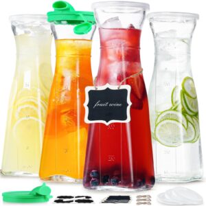 ritayedet glass carafe, 1 liter carafe for mimosa bar, 4 pcs, square carafe pitcher with lid, drink dispenser for parties, cold water, milk, juice container, tea, wine, cocktails (6 lids & 2 spouts)