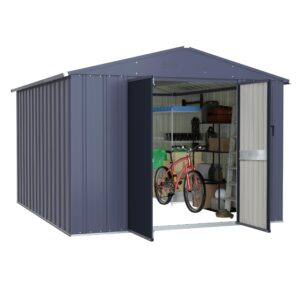 mupater 8 x 10 ft outdoor storage shed, galvanized metal garden tool shed, patio furniture storage house with double slooping roof, lockable door and vents for patio and backyard, grey