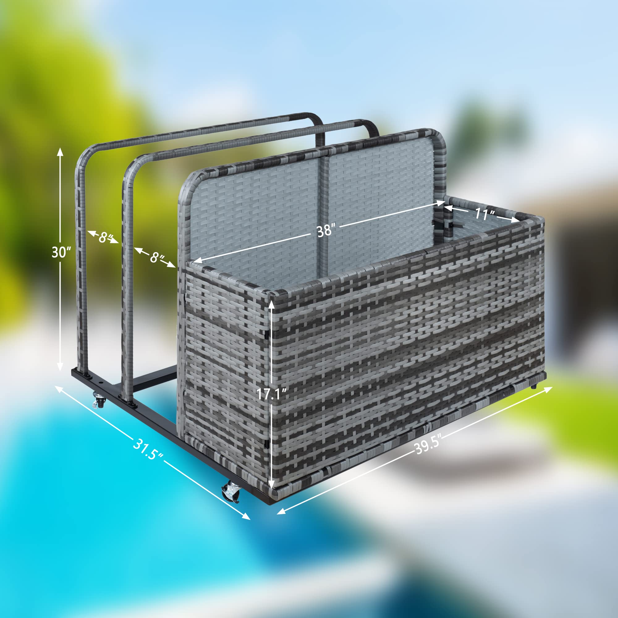 GAOMON Double Layer Poolside Float Storage,Outdoor Storage,Patio PE Rattan Outdoor Pool Caddy with Rolling Wheels for Floaties,Storage Basket,Poolside Float Storage,Beach-Sturdy & Movable,Grey