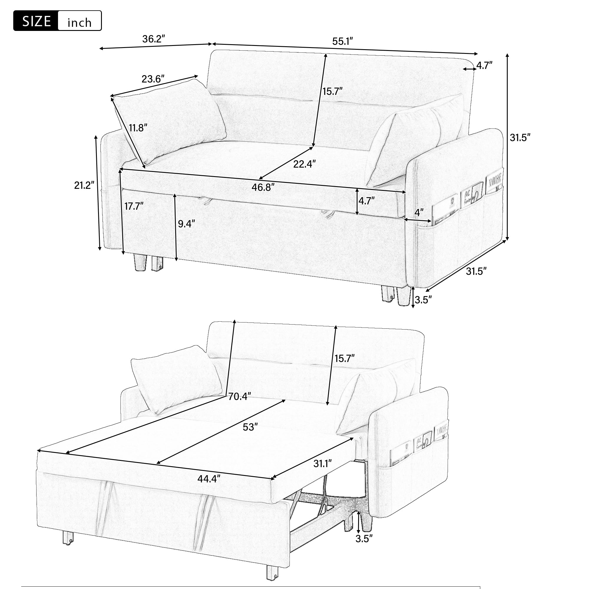 HABITRIO Modern 55.1" Pull Out Sleep Sofa Bed 2 Seater Loveseats Sofa Couch with Adjsutable Backrest,Multifunctional Small Sofa Bed with 2 Pillows for Apartment Office Living Room