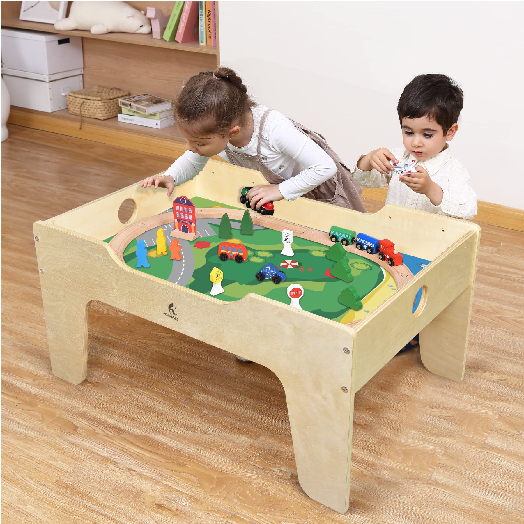 KRAND Kid's Multi-Purpose Activity Play Table with 60 Big Building Bricks and 30-Piece Wooden Train Set for Toddlers(Big-peg Baseplate Version)