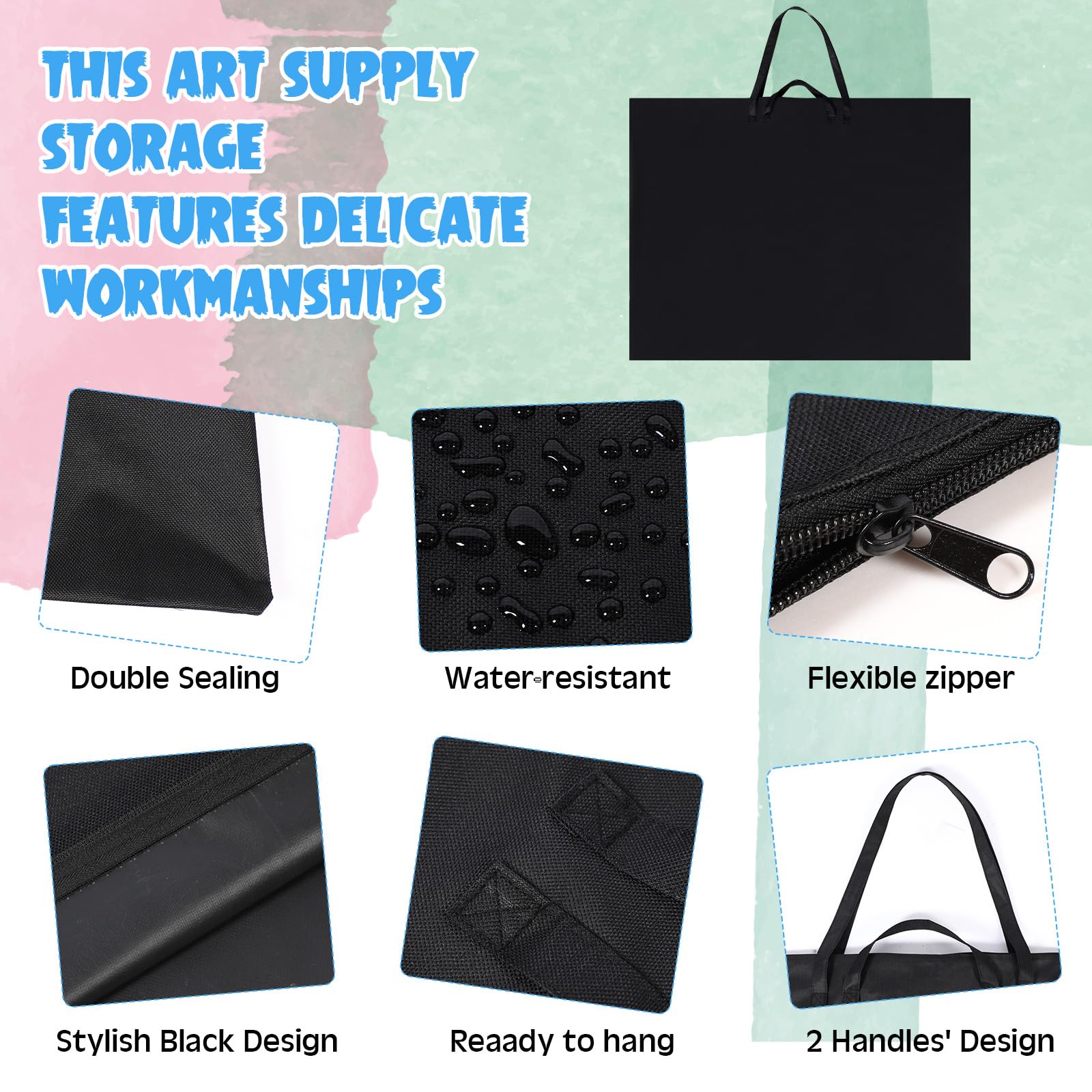 Abbylike 48 x 36 Inch Art Portfolio Bag Large Size Art Supply Bag with Nylon Shoulder Poster Board Storage Bag Waterproof Poster Carrying Case Tote Painting Sketch Bag for Art Work(Black, 1 Pcs)