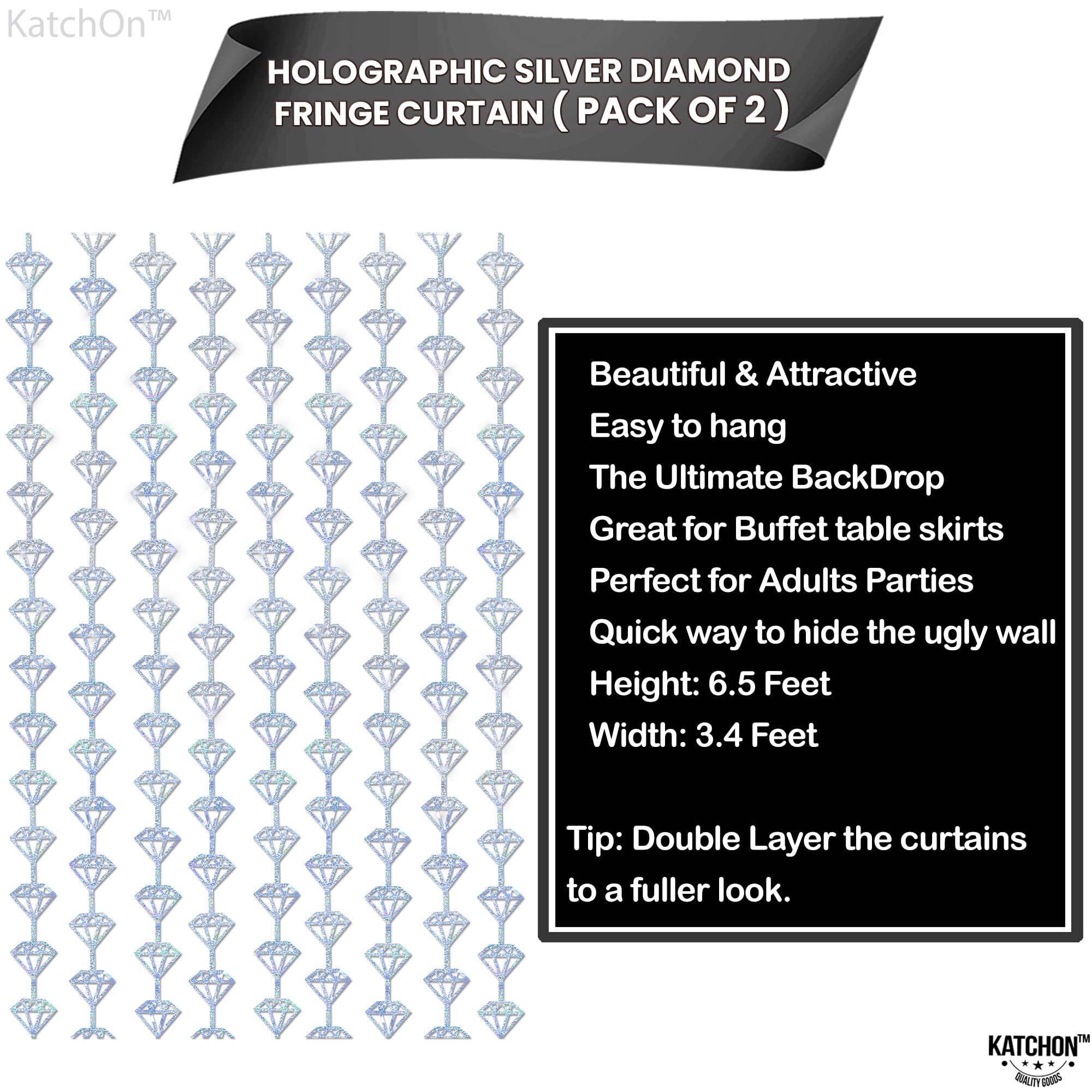 KatchOn, Holographic Silver Foil Diamond Curtains - 3.4x6.5 Feet, Pack of 2 | Diamond Backdrop Curtain | Silver Diamond Garland, Denim and Diamonds Party Decorations | Bachelorette Party Decorations