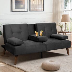 meilocar futon sofa bed velvet, 60" loveseat futon sofa bed with removable armrests, adjustable recliner guest bed daybed sofa for small space with cup holders, 3 angles, black