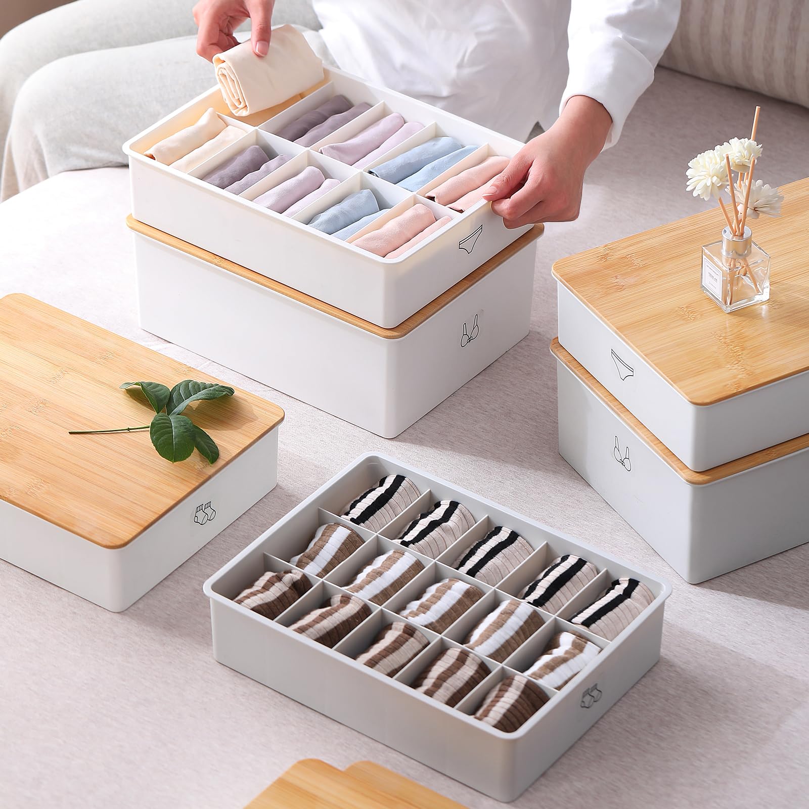 Luxury Bamboo Lid Sock Underwear Organizer Storage Box,10 Cell +15Cell Fabric Organizers and Storage Boxes for Storing Socks, Underwear, Ties (2Pack white)