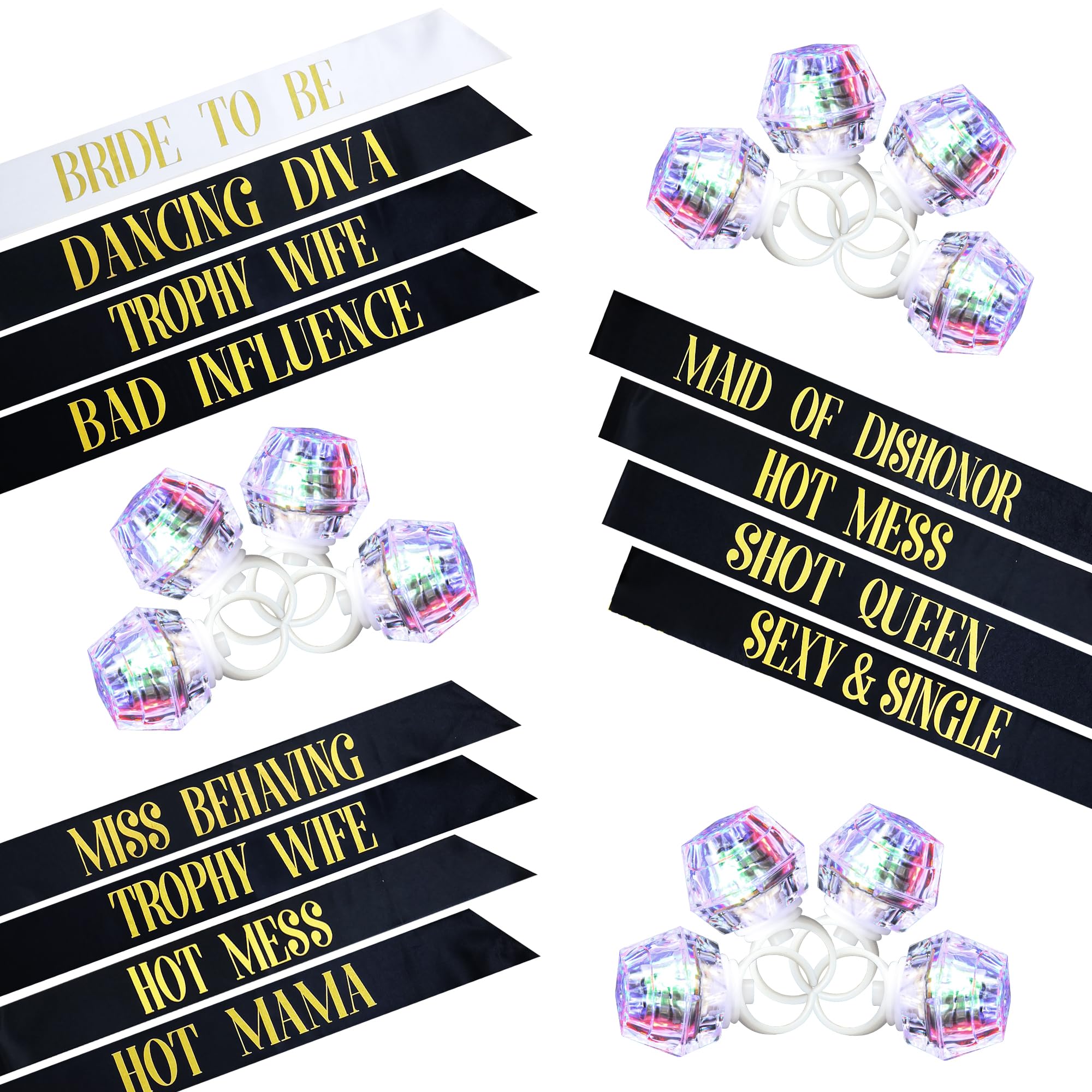 KatchOn, Bachelorette Sashes and LED Rings - Pack of 24, Bachelorette Party Accessories | Bride and Bridesmaid Sash for Bridal Shower Decorations | Disco Ball Light Up Rings Bachelorette Party