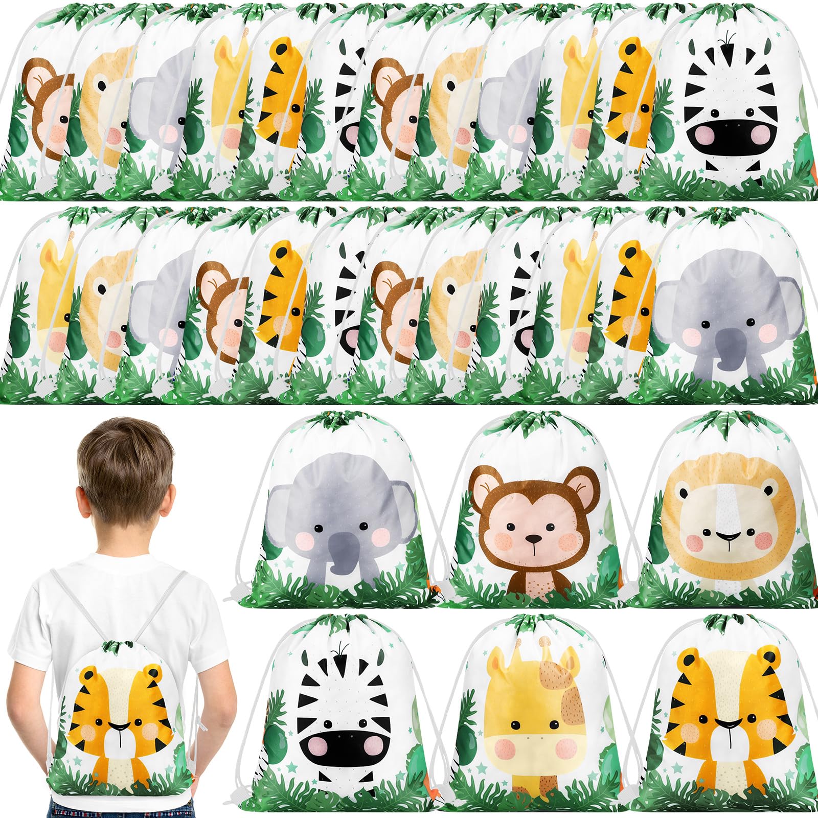 Ferraycle 30 Pack Safari Drawstring Bags Safari Goodie Bags Party Favors Bags Party Treat Bags Birthday Party Jungle Animals Party Favor Bags for Baby Shower, 9.8 x 11.8 Inch