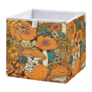 vnurnrn collapsible storage cube vintage orange mushroom print, storage bins with support board, foldable basket for shelf closet cabinet 11×11×11 in