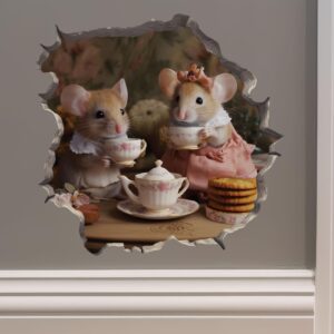 tea time mice mouse hole wall decal with 3d effect – whimsical removable vinyl sticker for kids' rooms & home decor