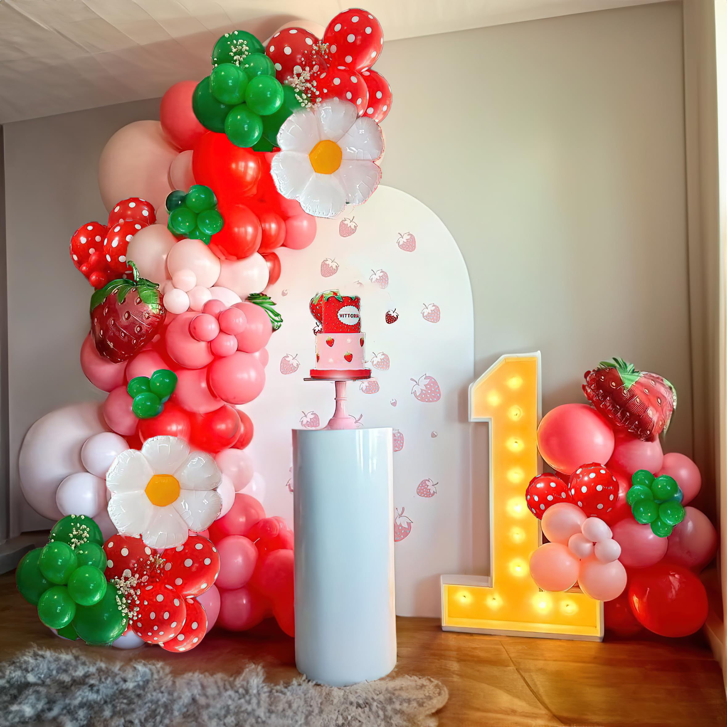 Strawberry Balloons Arch Kit Red Light Pink Green and White with Daisy Foil Balloon for Strawberry Party Decoration Girls Birthday berry sweet baby shower decorations