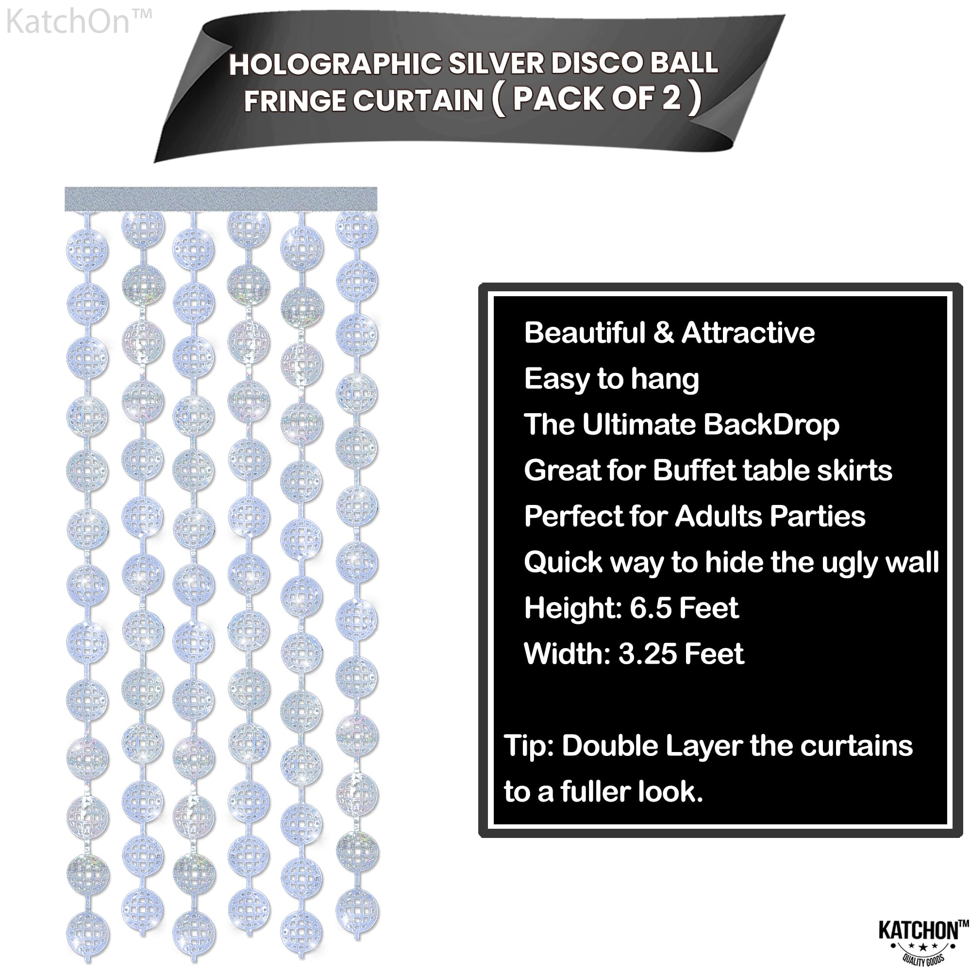 KatchOn, Silver Disco Ball Curtain - XtraLarge, 6.5 Feet, Pack of 2 | Happy New Year Backdrop | Disco Ball Backdrop | Silver Foil Fringe Curtain, Disco Party Decorations | Happy New Year Decorations