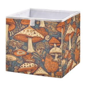 vnurnrn collapsible storage cube vintage brown mushroom print, storage bins with support board, foldable basket for shelf closet cabinet 11×11×11 in