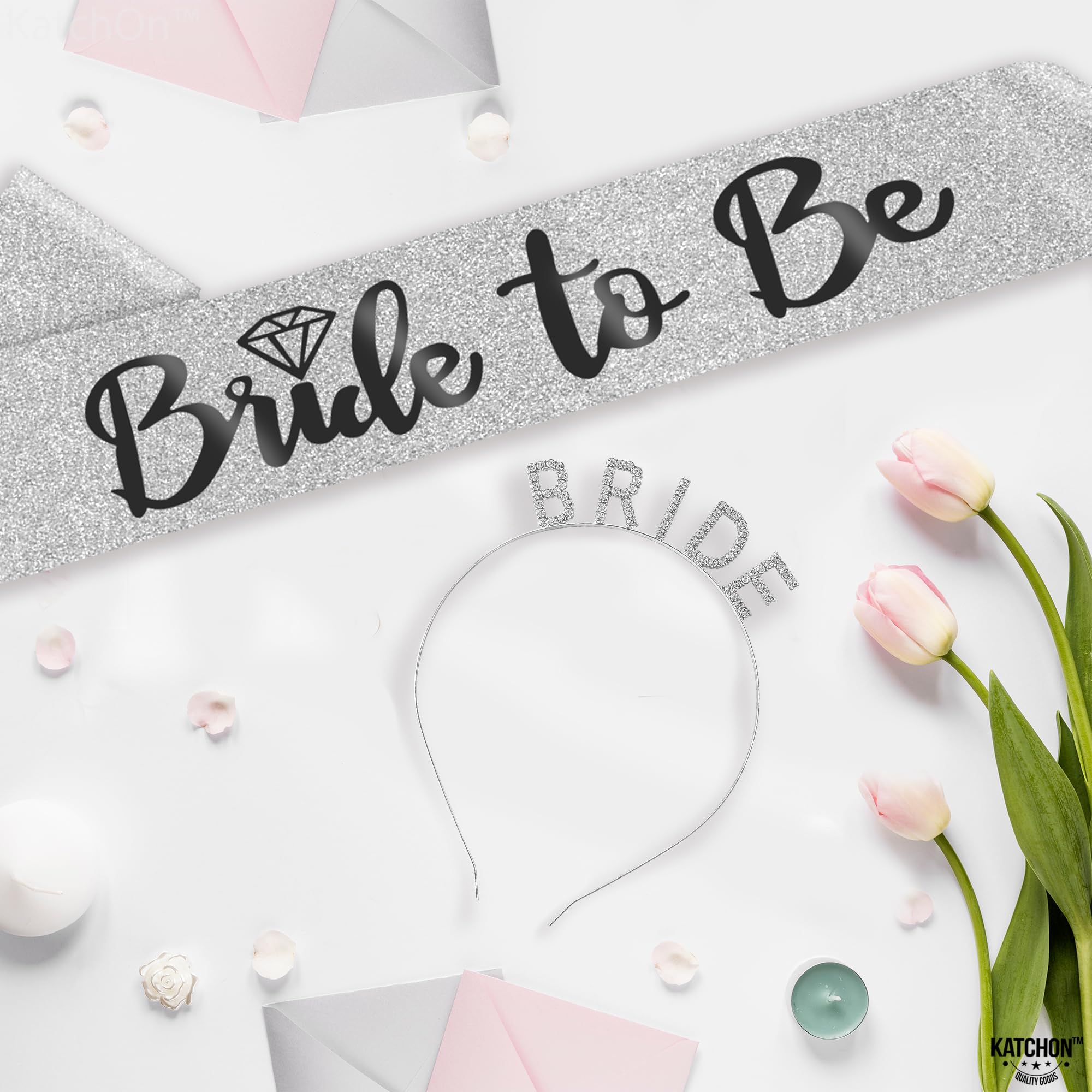 KatchOn, Black Bride To Be Sash and Bride Headband - Pack of 2 | Winter Bachelorette Party Decorations | Bride Headband And Sash for Black and White Bridal Shower Decorations, Bachelorette Headbands