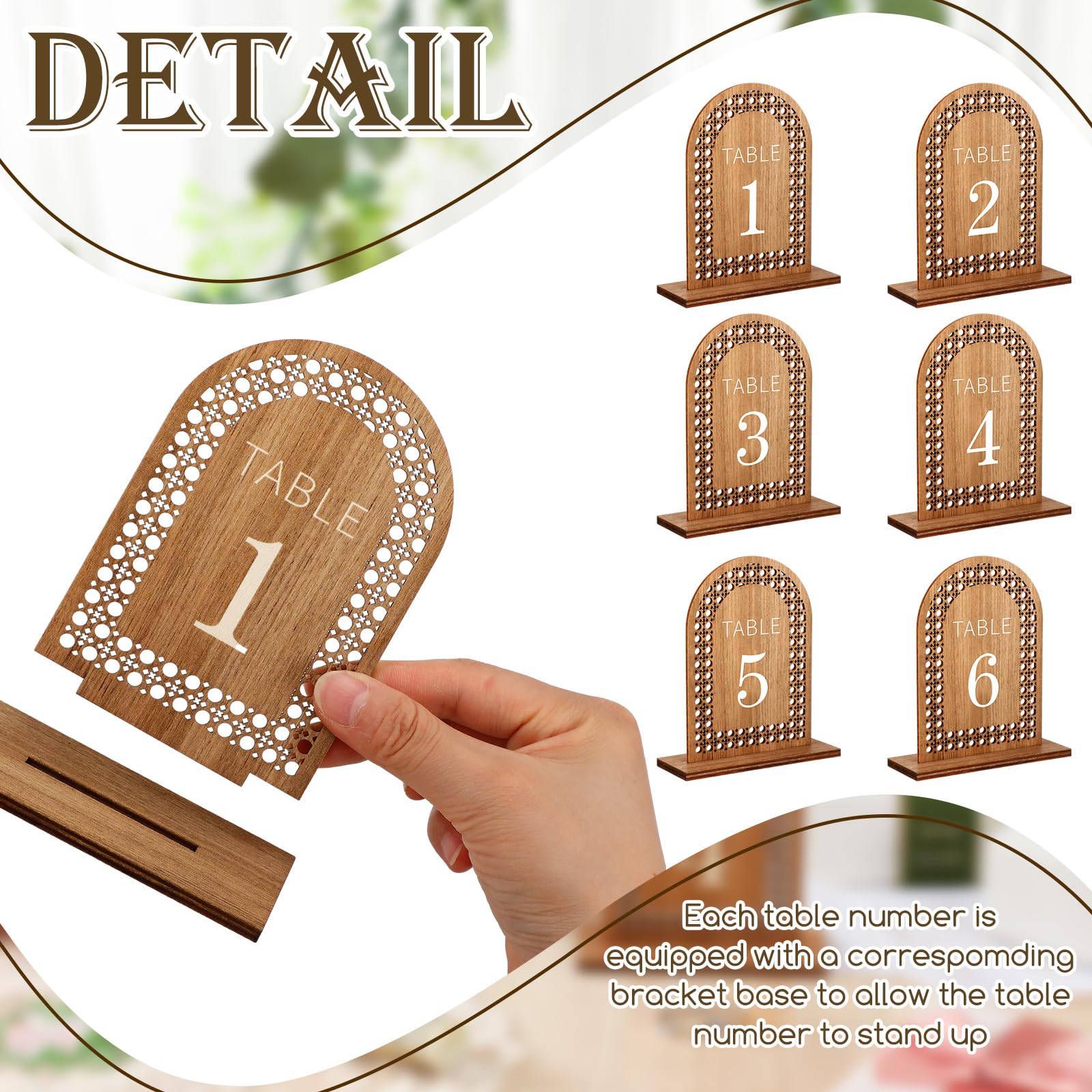 Soaoo 20 Pcs Wooden Table Numbers 1-20 Rattan Arch Wedding Table Numbers with Wooden Base Wooden Wedding Sign for Table Banquet Restaurant Wedding Party Decor